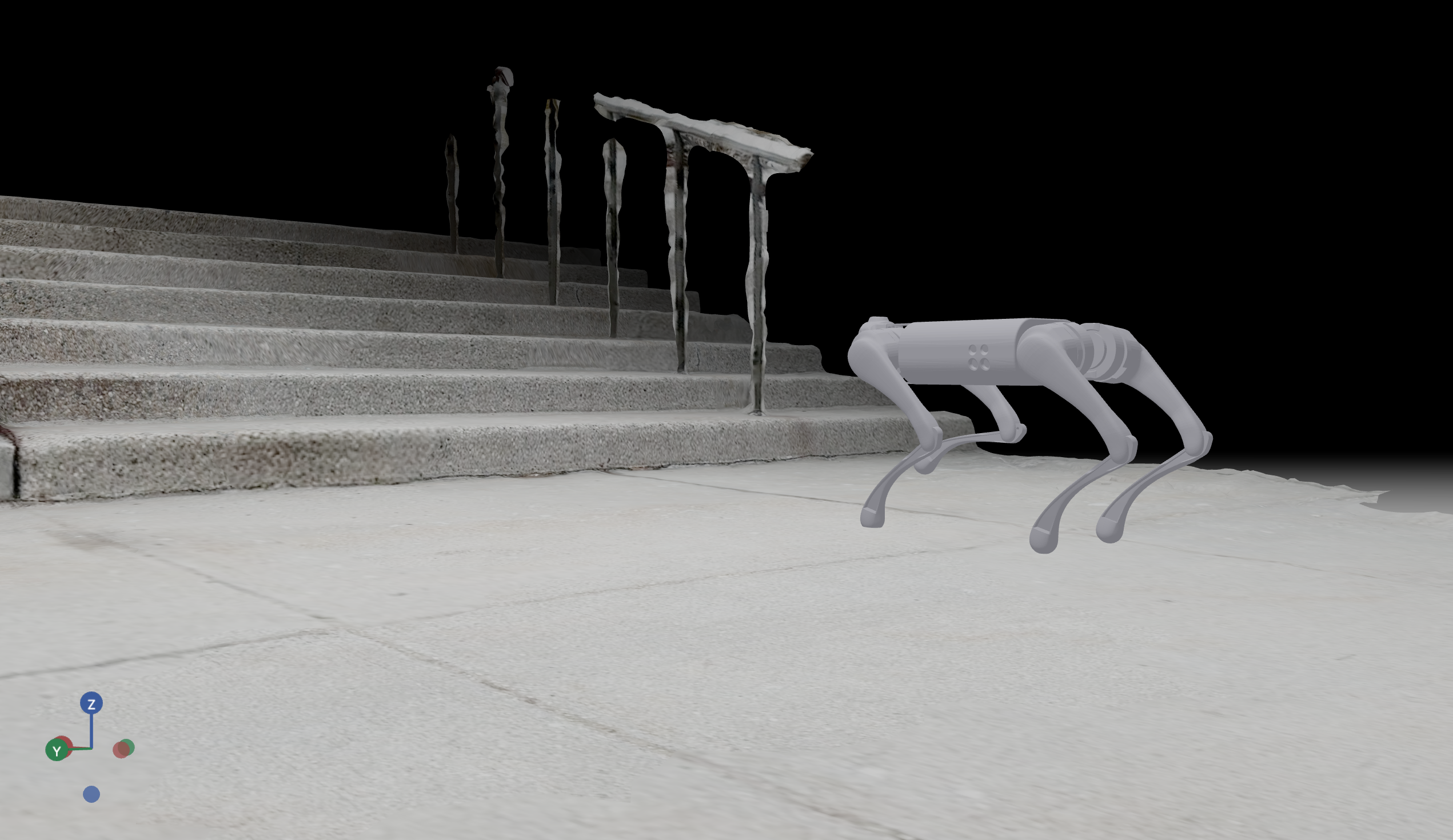 Scene with An Unitree Go1 and 3D Mesh of a Stair Way - vuer